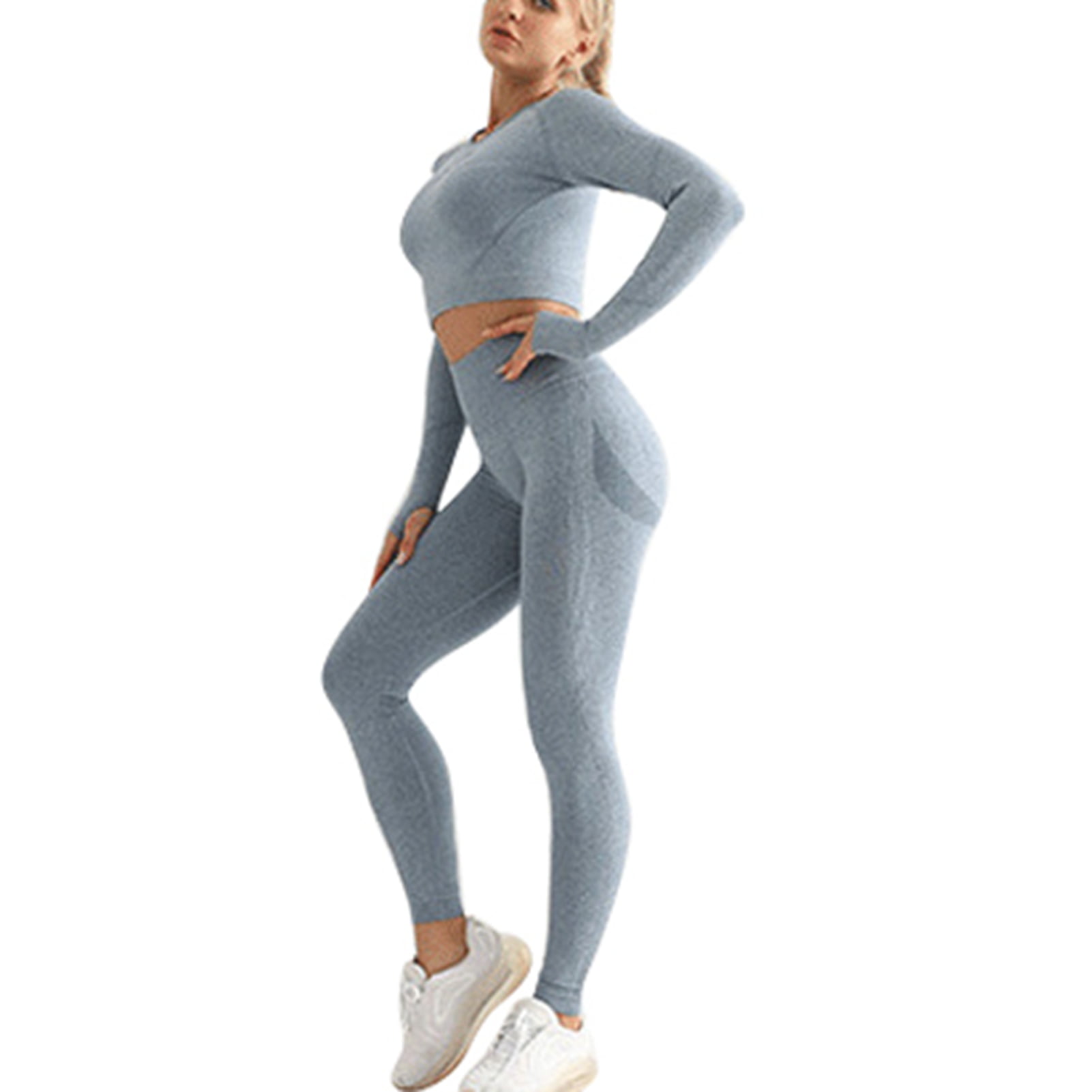 2pcs Women Bodycon Workout Outfits High Stretch Seamless Yoga Suit Knit ...