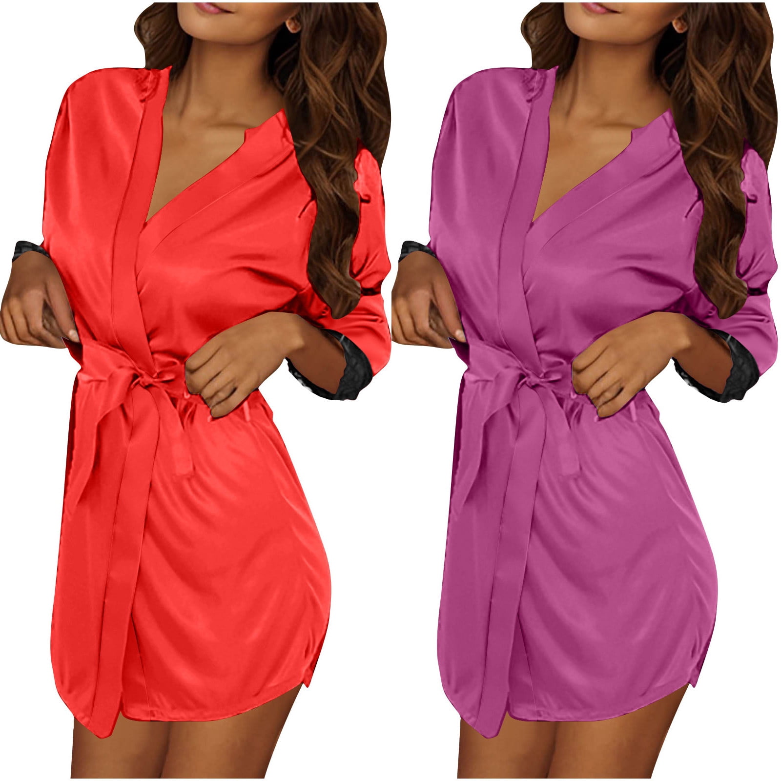 2pcs Women Silk Nightwear Satin Bath Robes Long Lightweight Knee Length ...