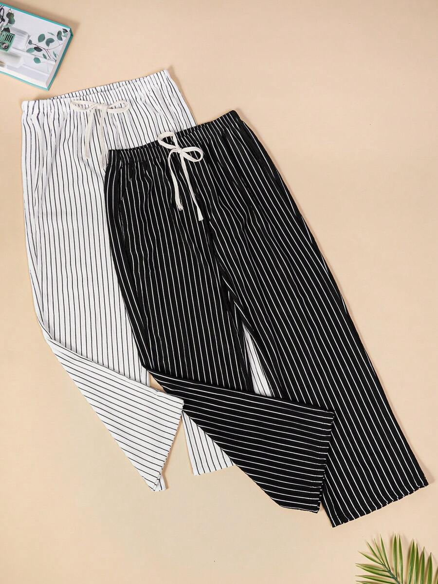 2pcs Women Summer Casual Vertical Stripe Ice Silk Knitting Pajama Sleep ...