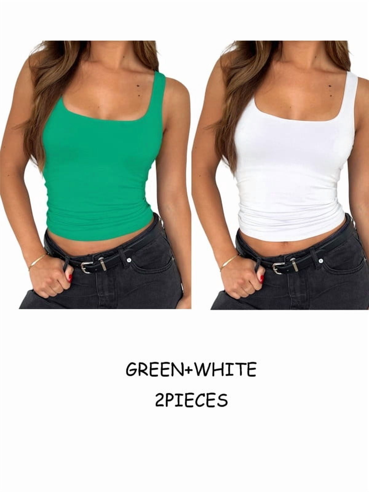 2pcs Women's Double Layer Sleeveless Tank Tops, Square Neck Slim Fit ...