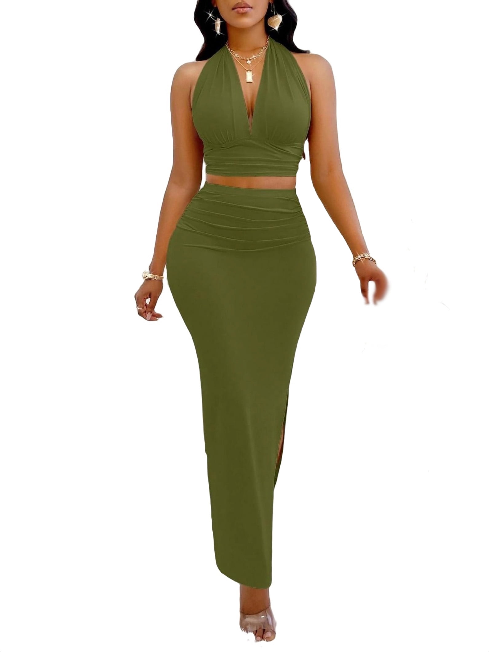 2pcs Women's Halter Solid Medium Stretch Army Green Color Outfits ...
