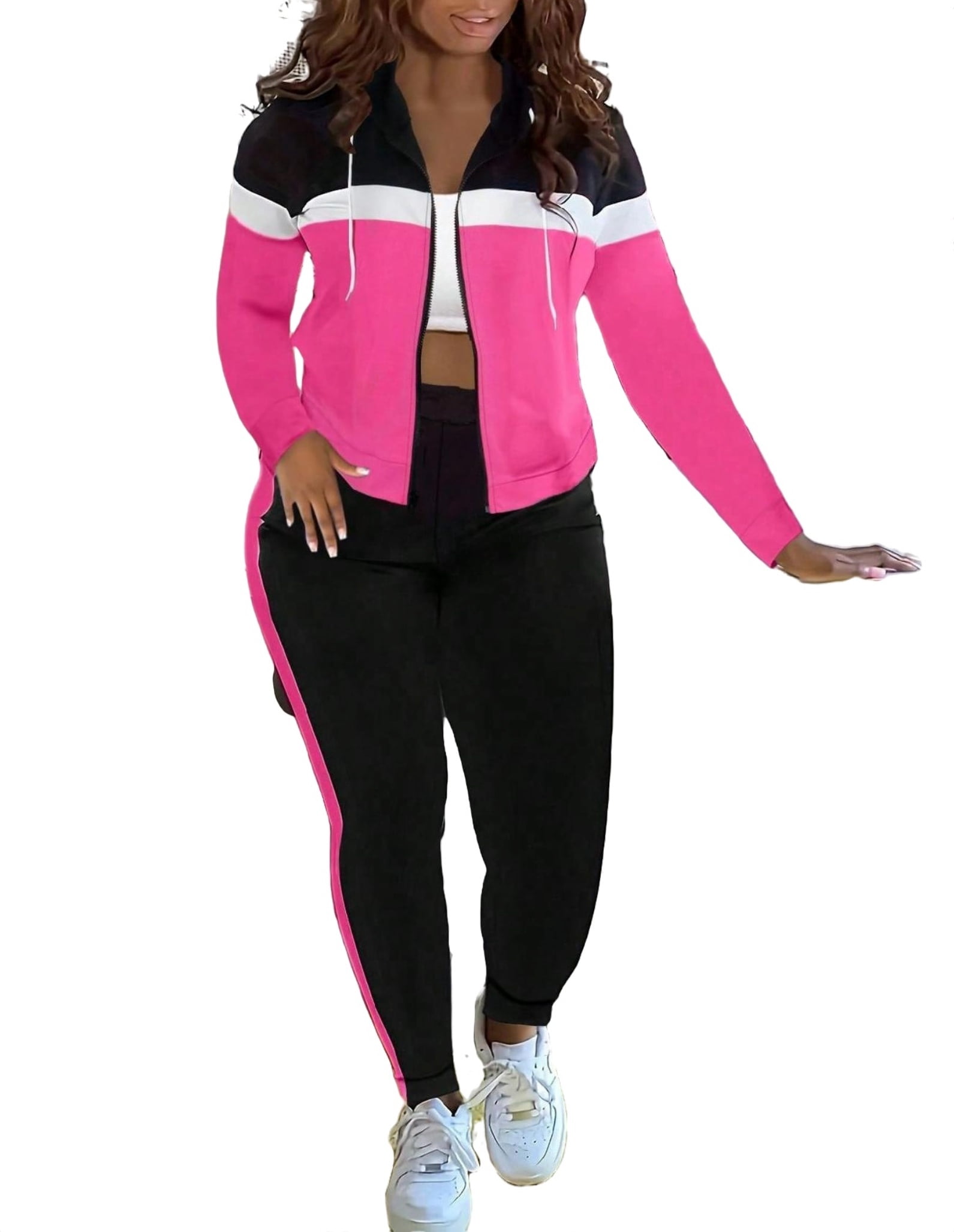 2pcs Women's Hooded Colorblock Non-Stretch Hot Pink Color Outfits ...