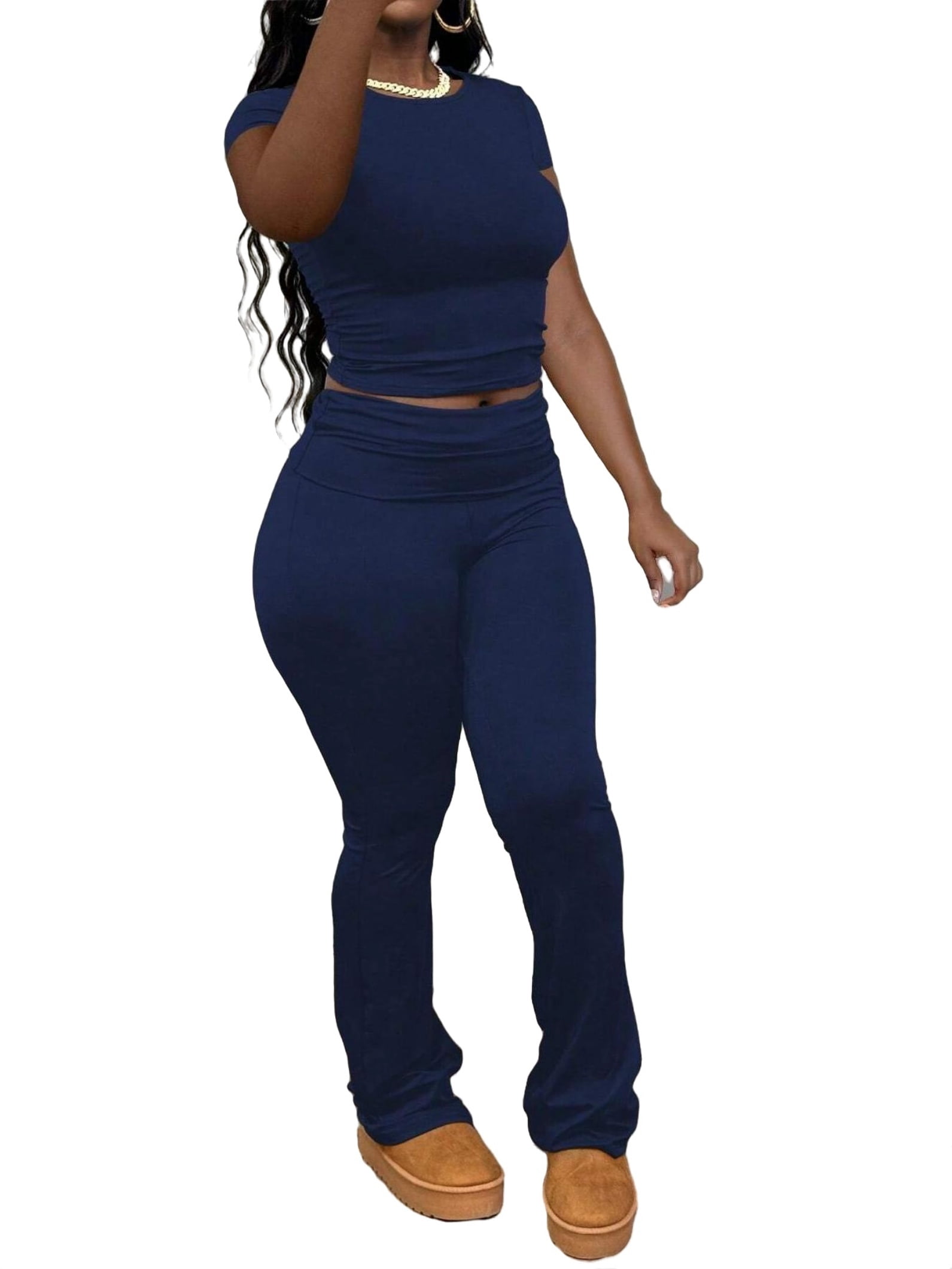 2pcs Women's Round Neck Solid Medium Stretch Navy Blue Color Outfits ...