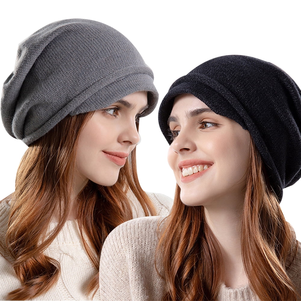 2pcs Women's short hat brim skull cap long baggy floppy cap knit cap ...