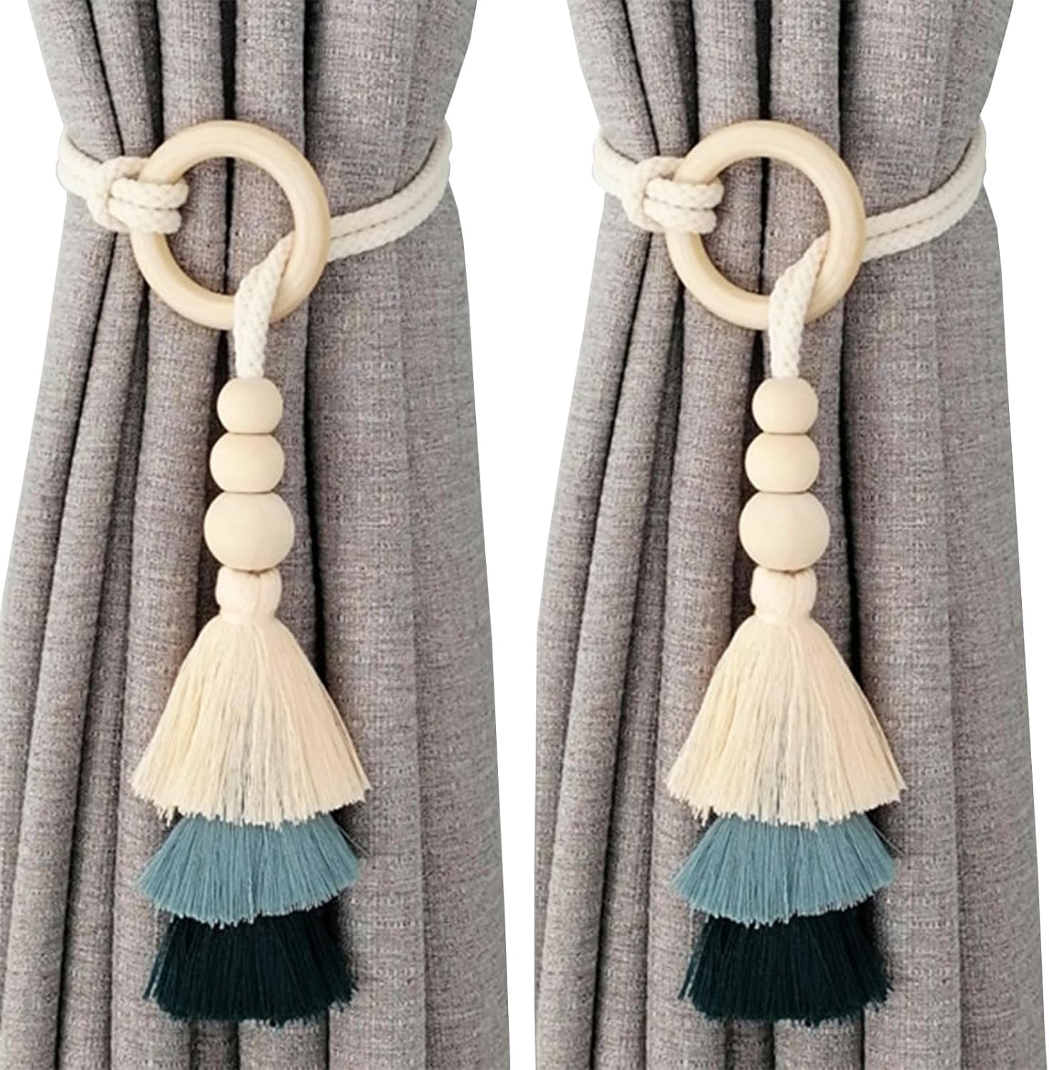 2pcs Wooden Bead Curtain Tiebacks,Bohemian Curtain Clasp,Tassel Curtain ...