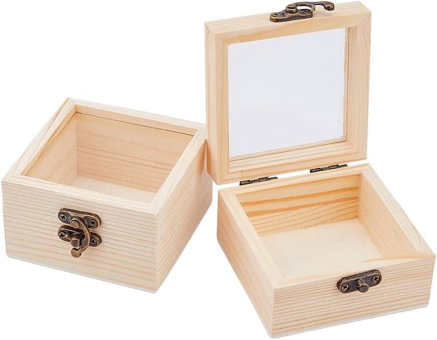 2pcs Wooden Box with Glass Lid Small Wooden Box with Clear Lid ...