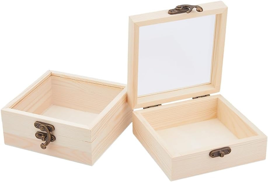 2pcs Wooden Box with Glass Lid Small Wooden Box with Clear Lid ...