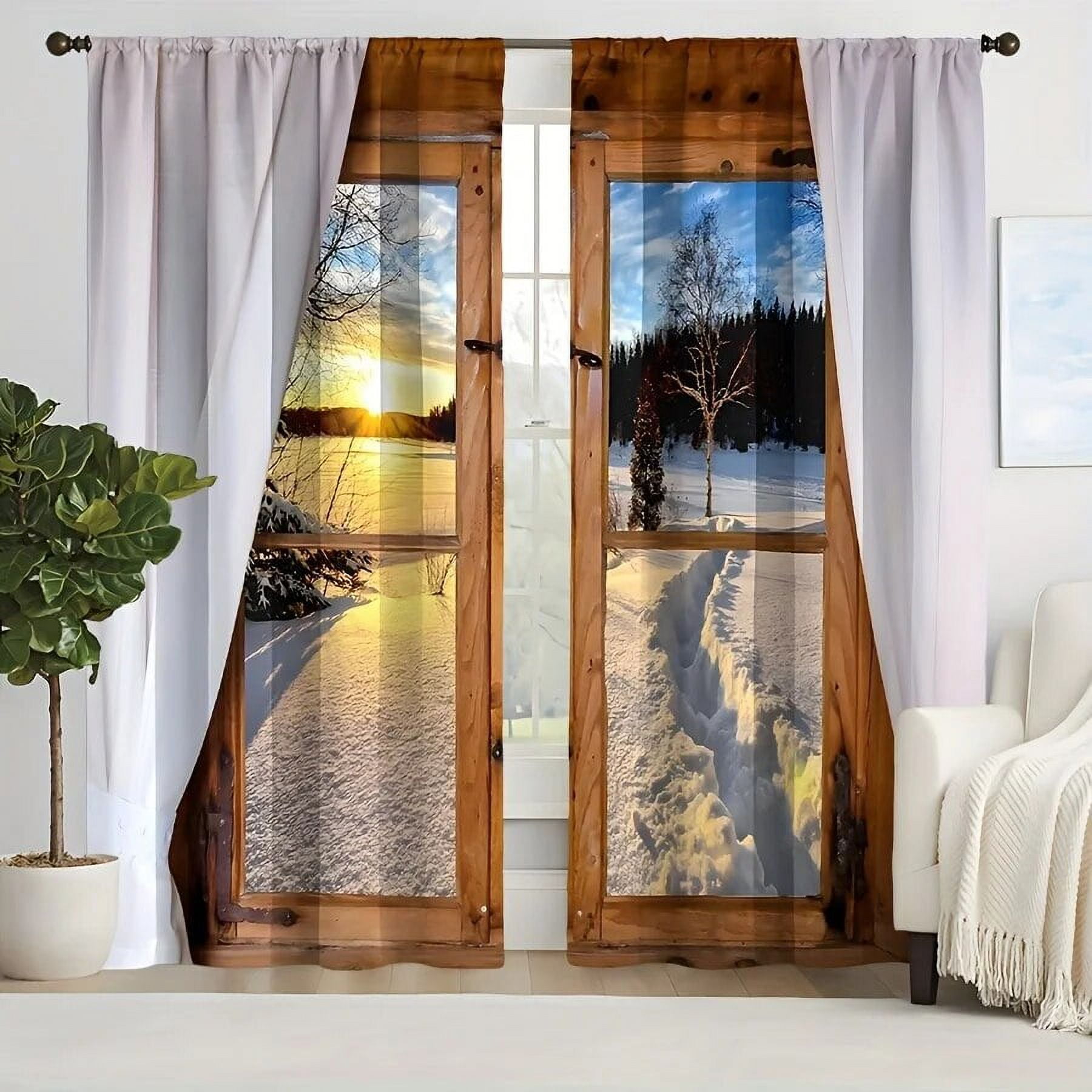 2pcs Wooden Door And Window Curtains Landscape Scene Print Curtain For ...