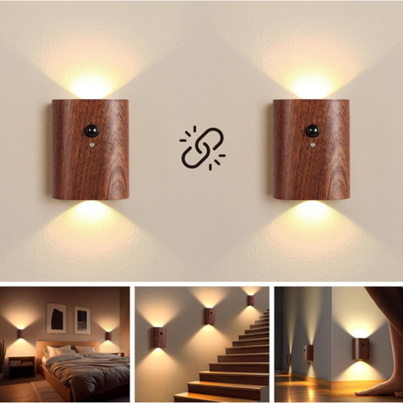 2pcs Wooden LED Wall Lamp Human Body Sensing Infrared Night Light USB ...