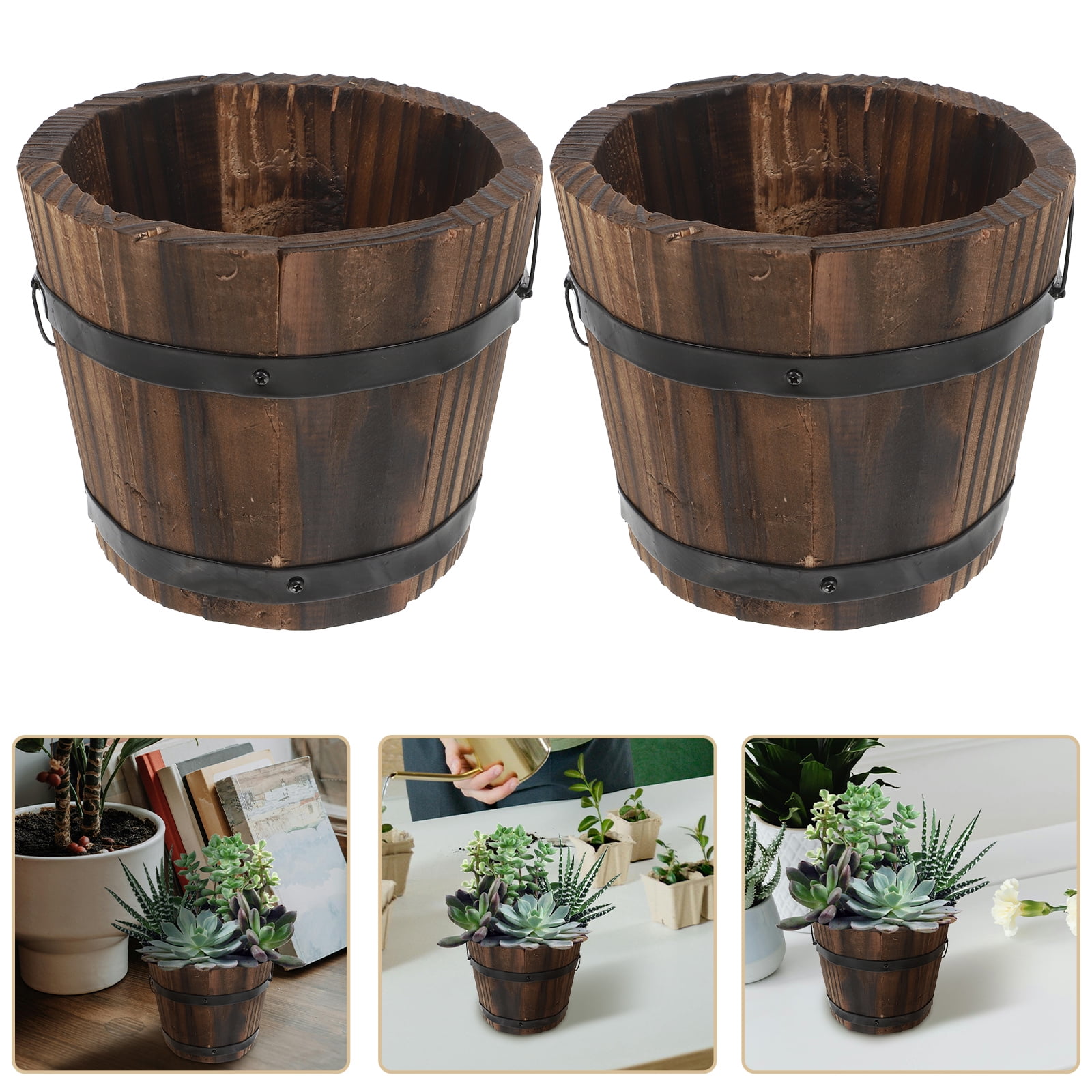 2pcs Wooden Planter Round Rustic Planter Box Wood Barrels Flower Pot ...