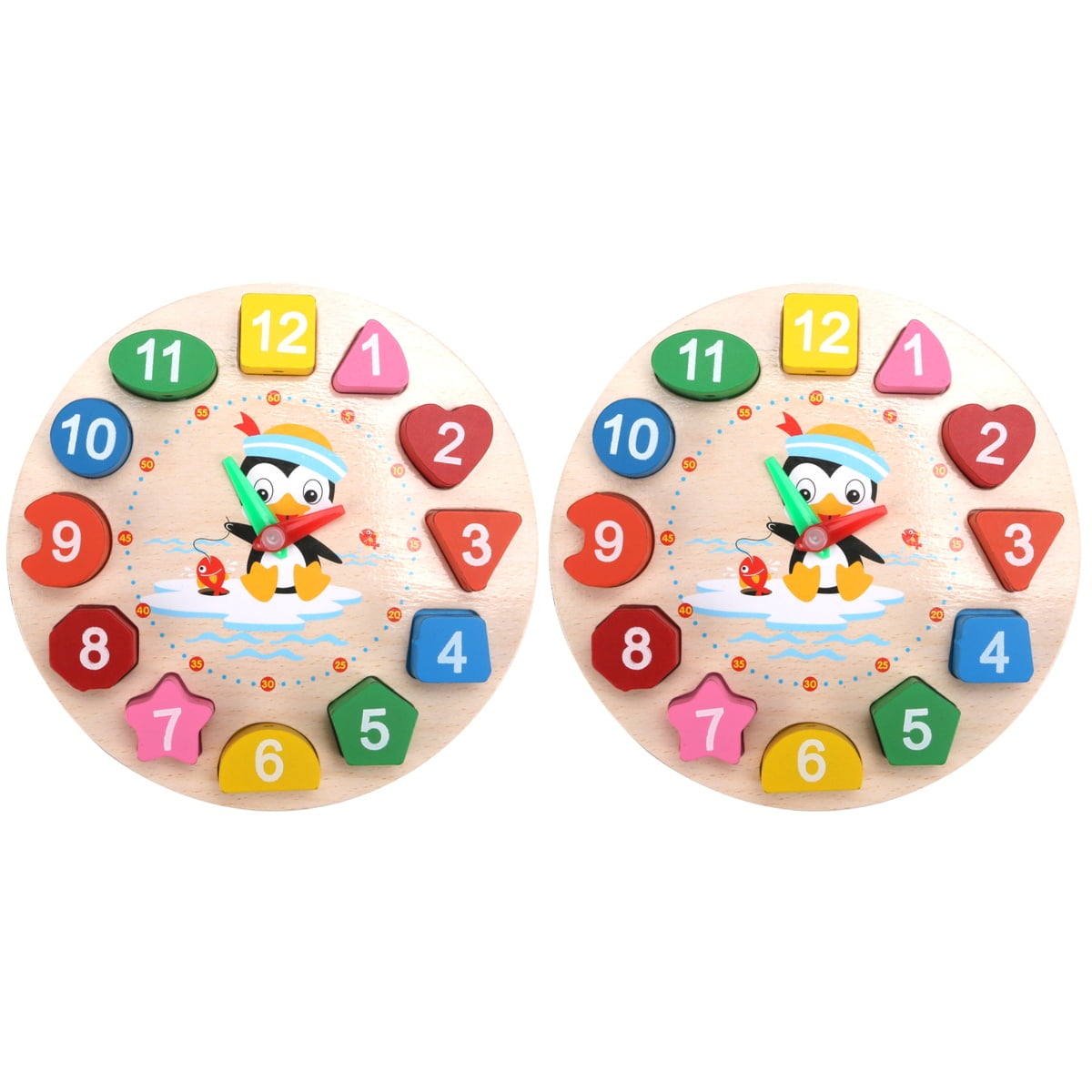 2pcs Wooden Shape Color Sorting Clock Teaching Time Blocks Kids Early ...