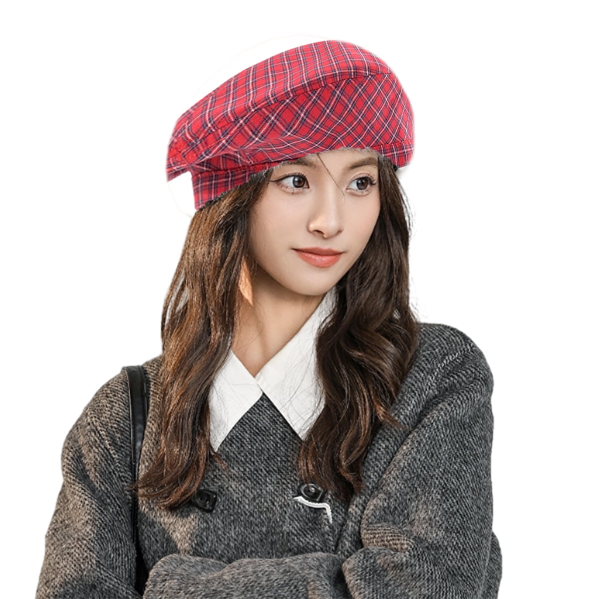 2pcs fall and winter plaid vintage beret thin casual for the family-red ...