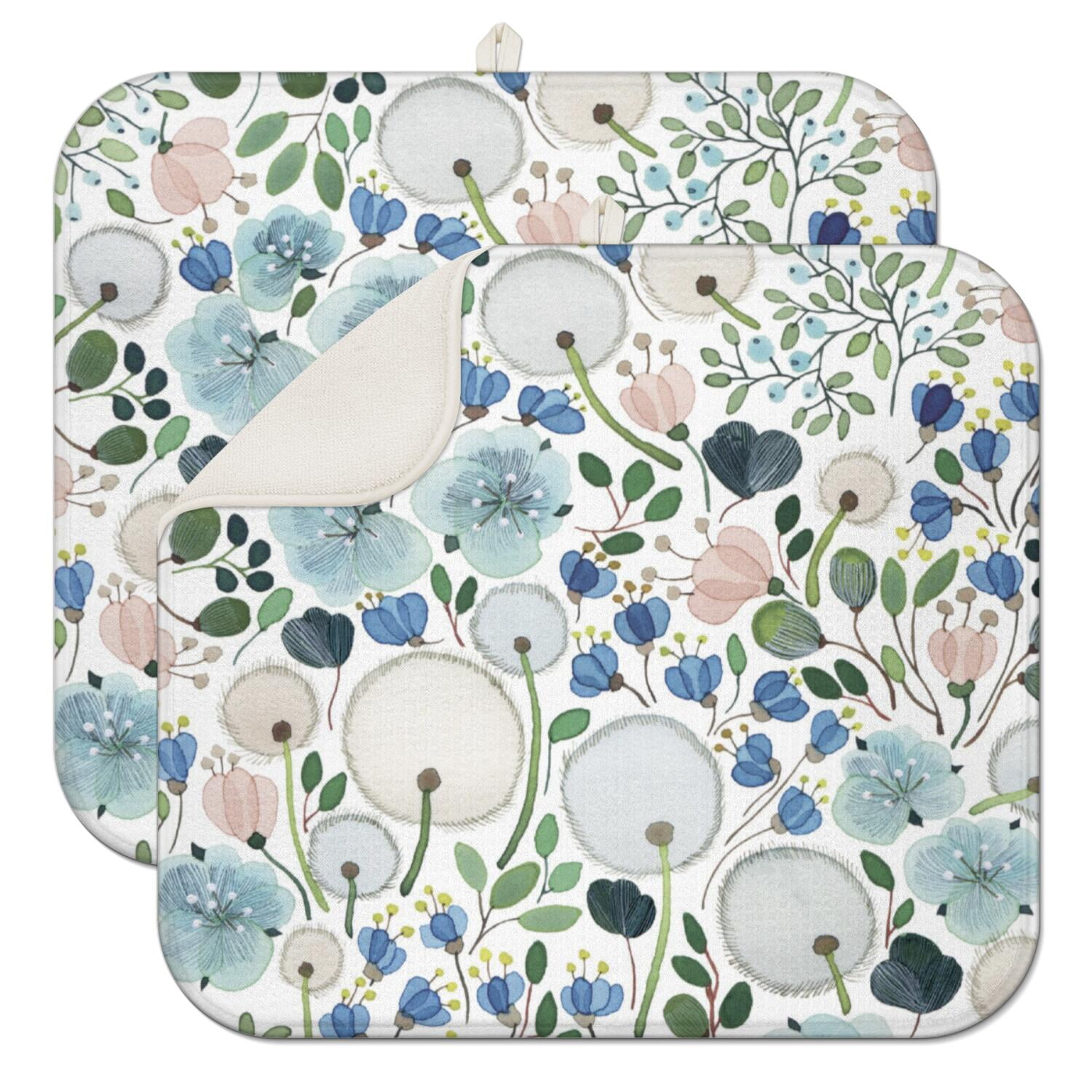 2pcs flower Print Kitchen Drying Mat Set, Super Absorbent Microfiber ...