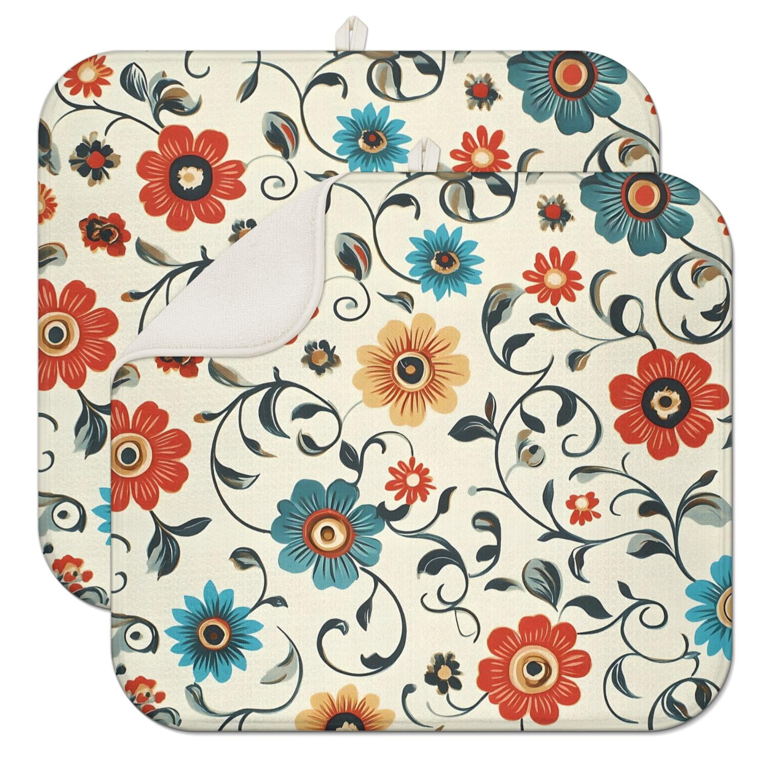 2pcs flower Print Kitchen Drying Mat Set, Super Absorbent Microfiber ...