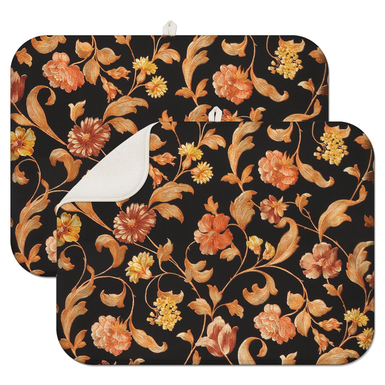 2pcs flower Print Kitchen Drying Mat Set, Super Absorbent Microfiber ...