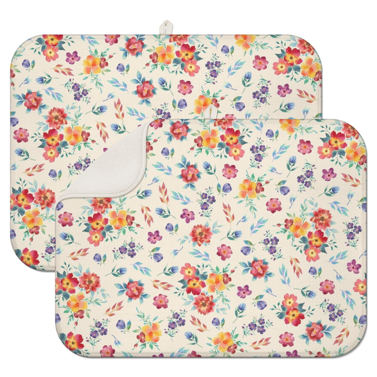 2pcs flower Print Kitchen Drying Mat Set, Super Absorbent Microfiber ...