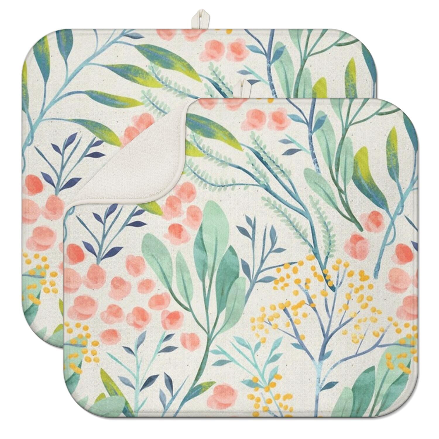 2pcs flower Print Kitchen Drying Mat Set, Super Absorbent Microfiber ...