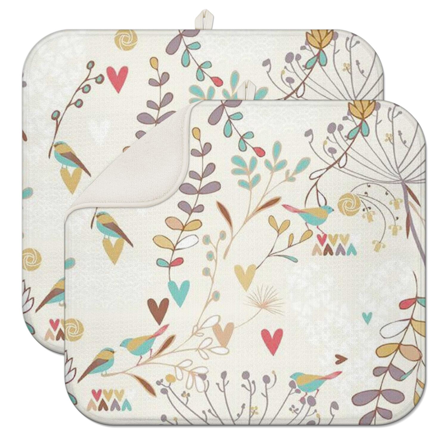 2pcs flower Print Kitchen Drying Mat Set, Super Absorbent Microfiber ...