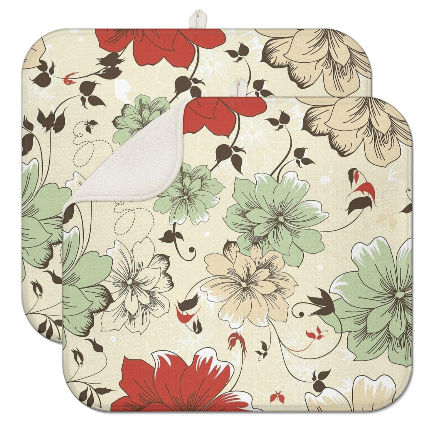 2pcs flower Print Kitchen Drying Mat Set, Super Absorbent Microfiber ...