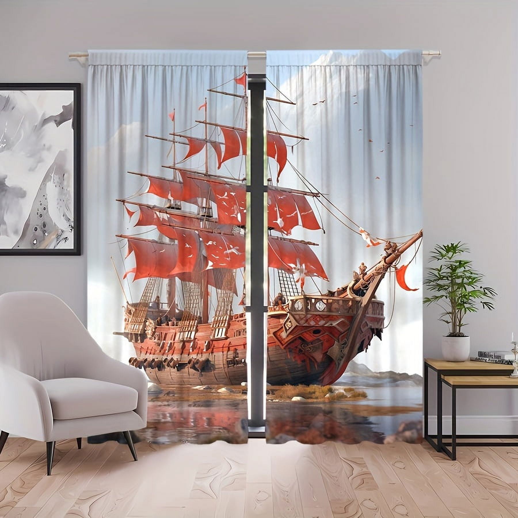 2pcs l Sailboat Printed Translucent Curtain Living Room Playroom ...