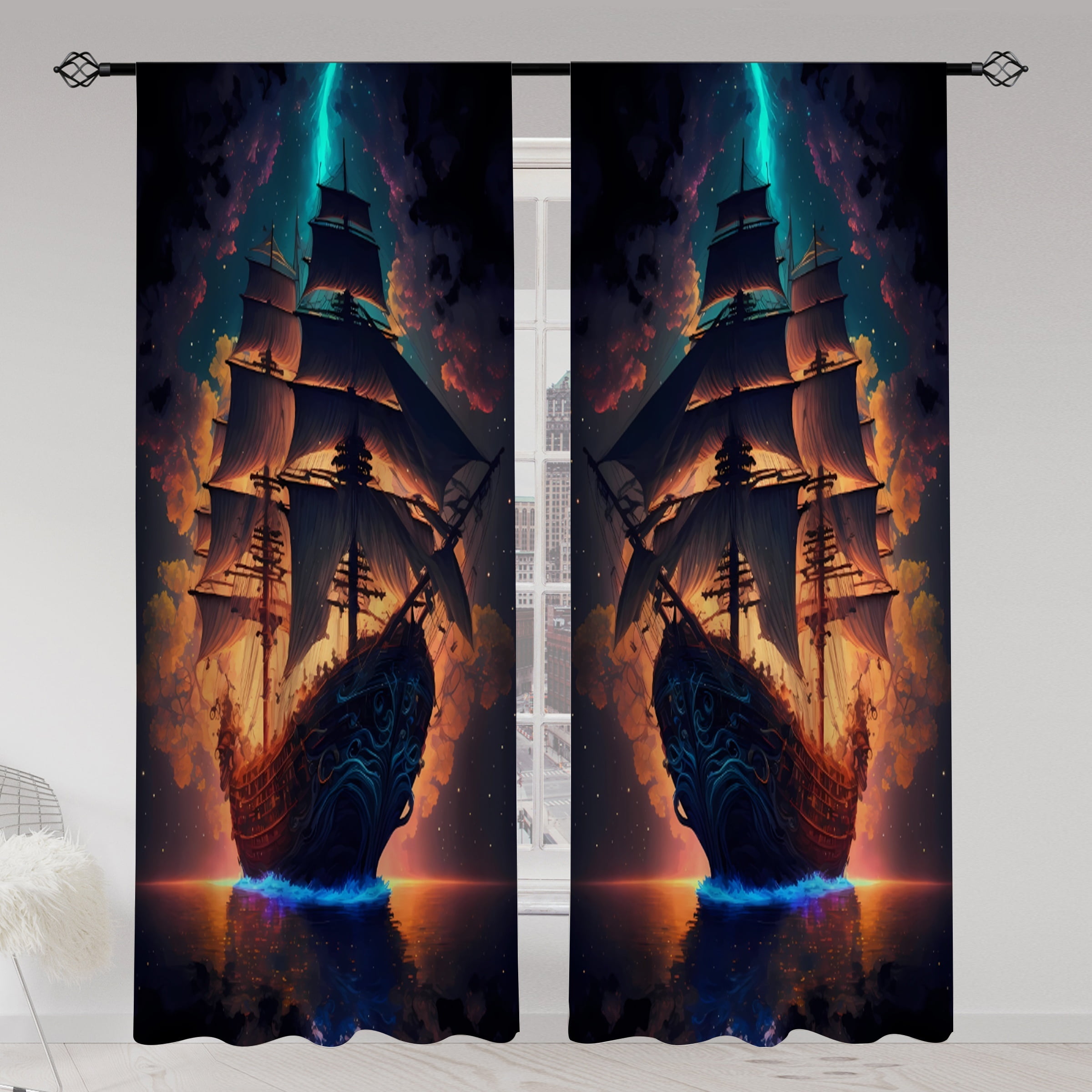 2pcs l Sailboat Printed Translucent Curtain Living Room Playroom ...