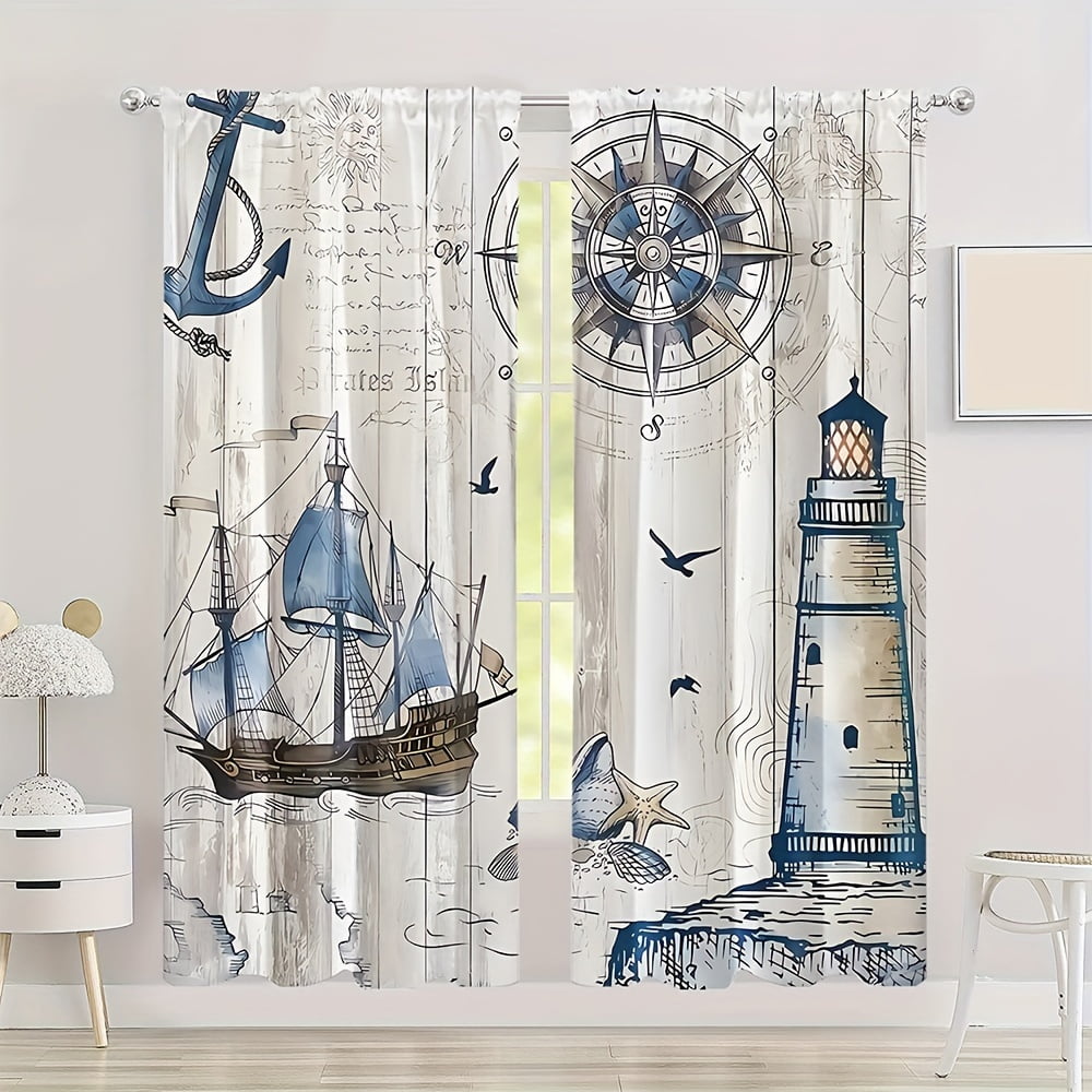 2pcs l Sailboat Printed Translucent Curtain Living Room Playroom ...