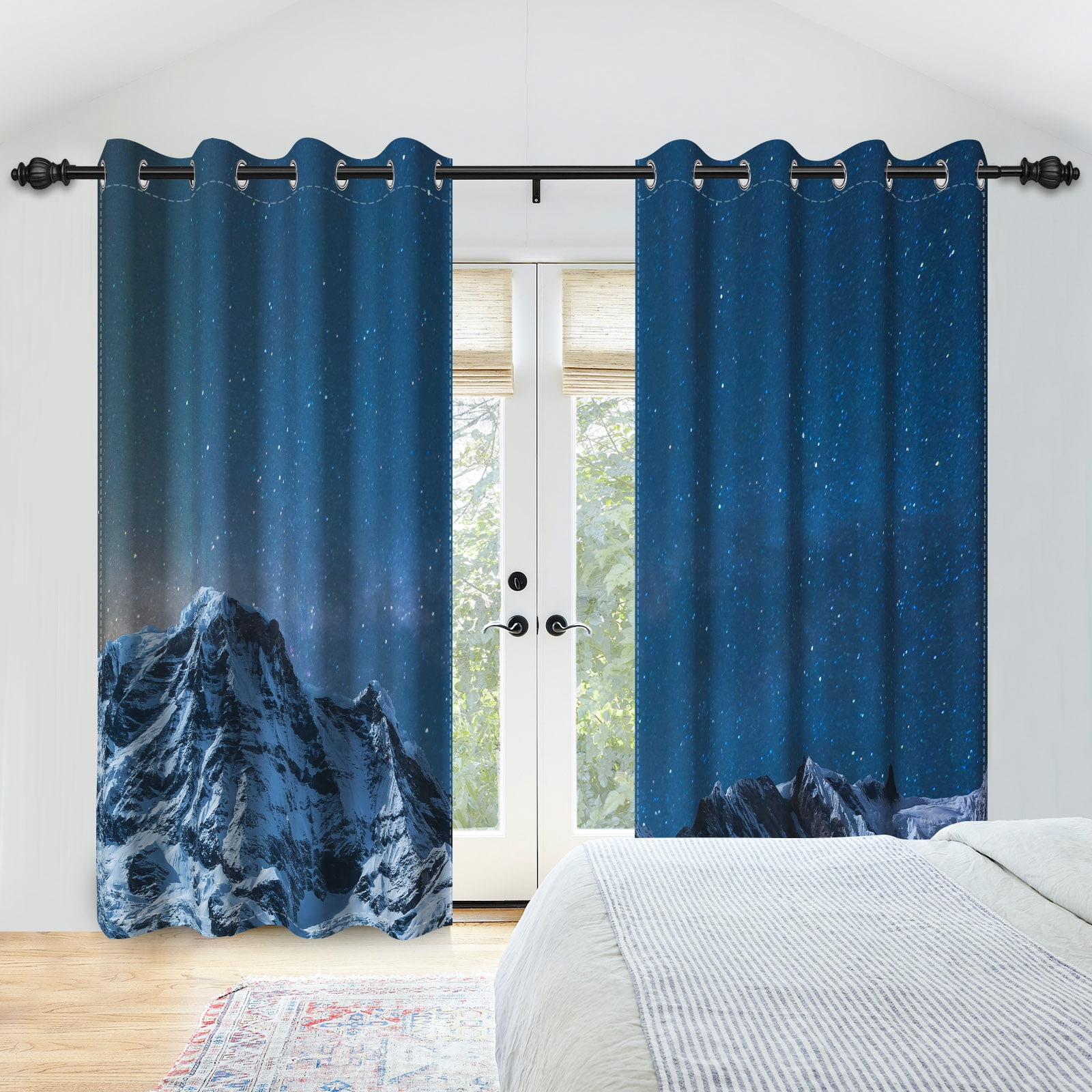 2pcs/set Deep Blue Starry Sky Window Curtain High Mountain Night Sky ...