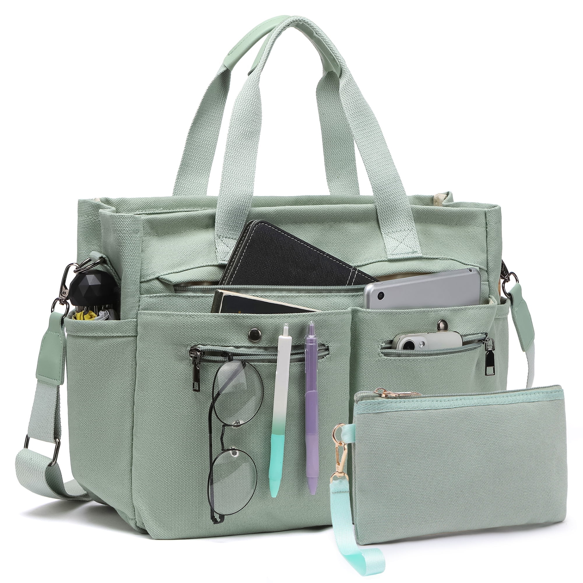 2pcs/set Women'S Large Canvas Tote Bag - Multi-Pocket Laptop Work Bag ...