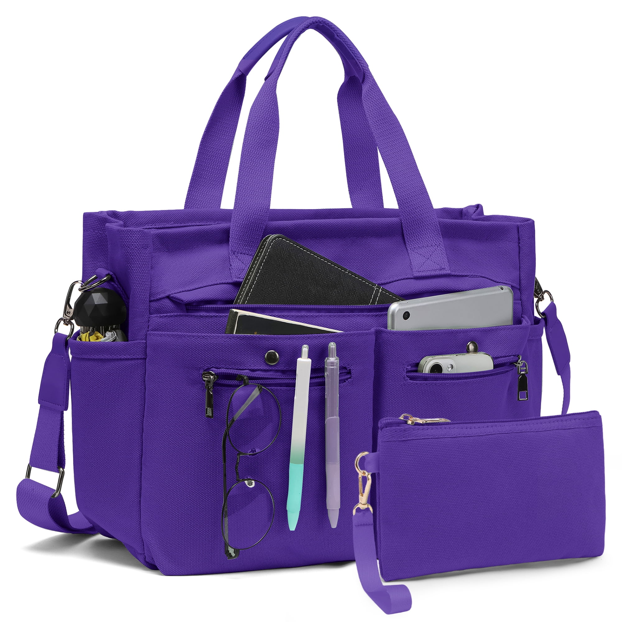 2pcs/set Women'S Large Canvas Tote Bag - Multi-Pocket Laptop Work Bag ...