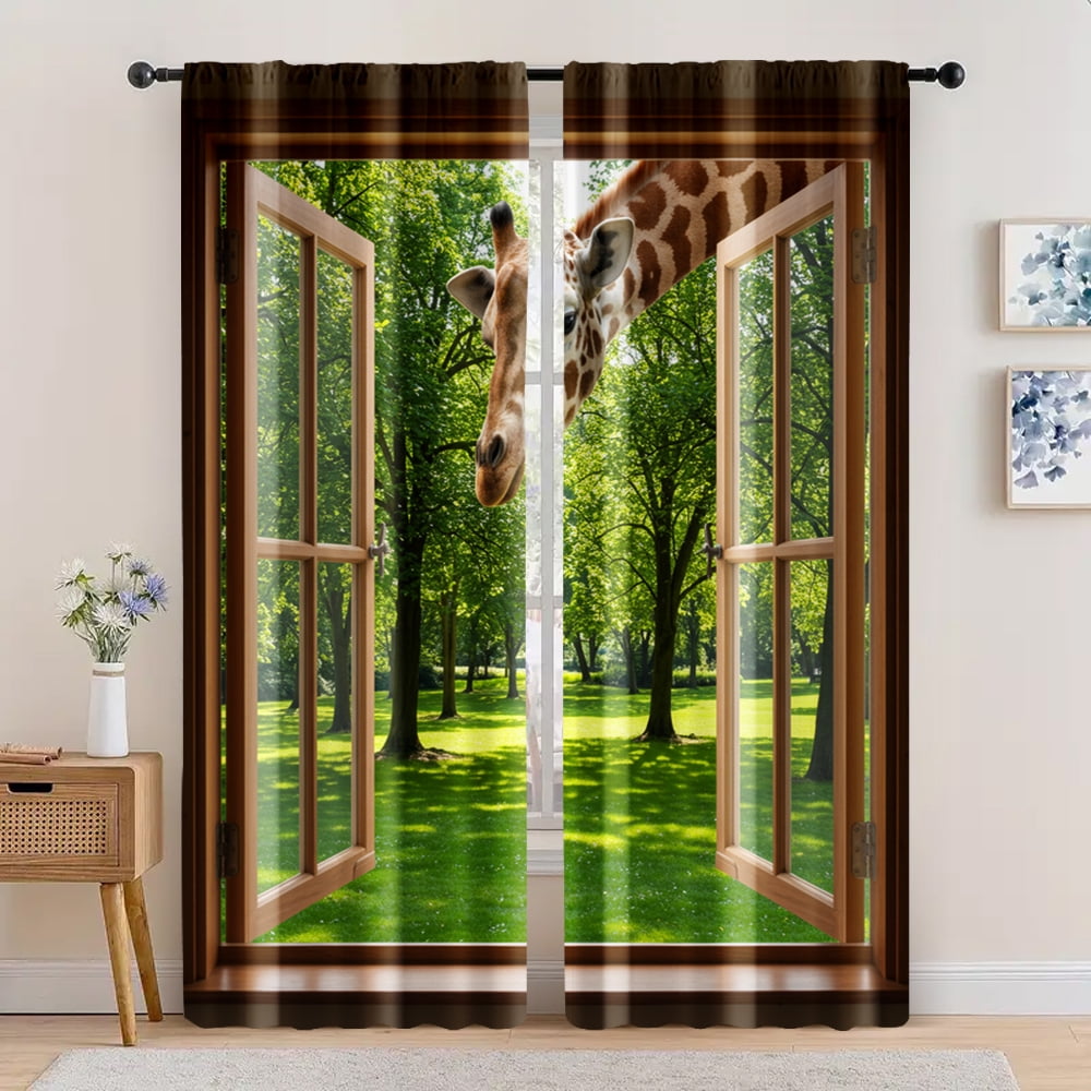 2pcs spring Curtains A giraffe jumped through an open window Art ...
