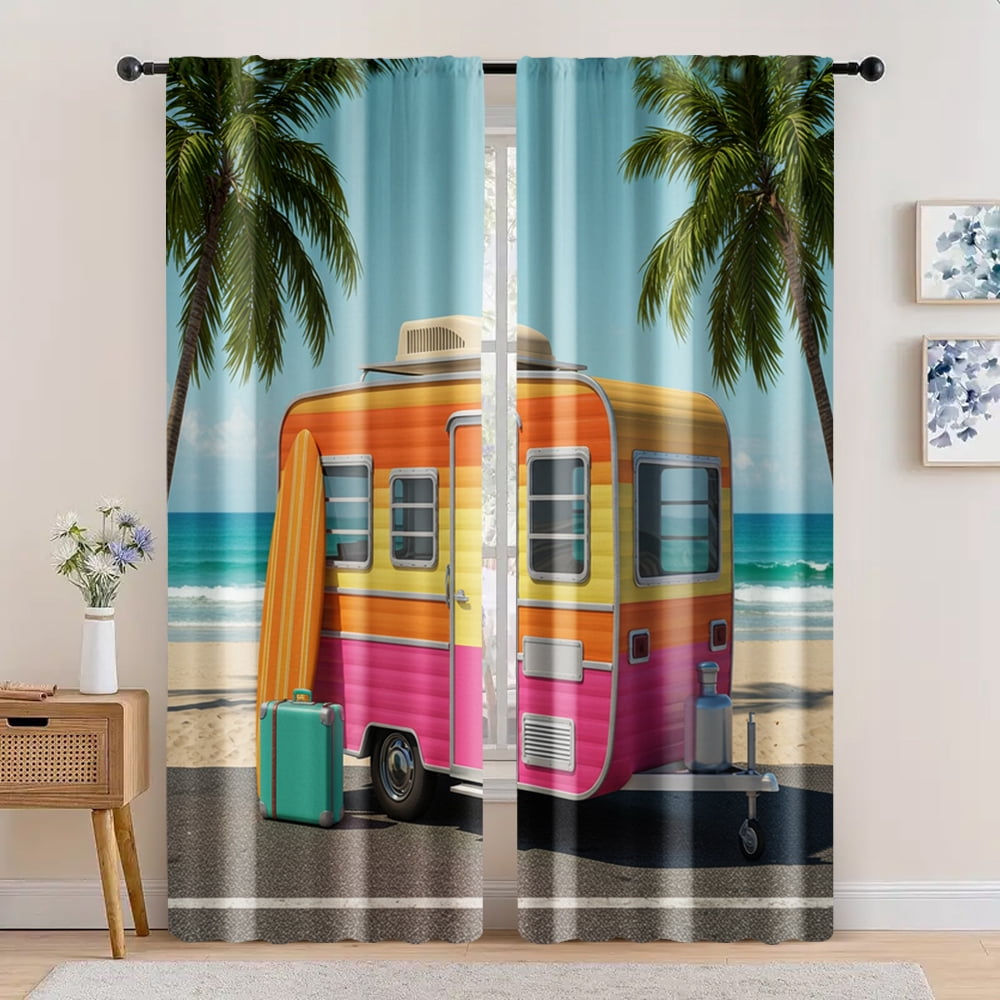 2pcs spring Curtains Beach palm trees surfboard travel camper van ...