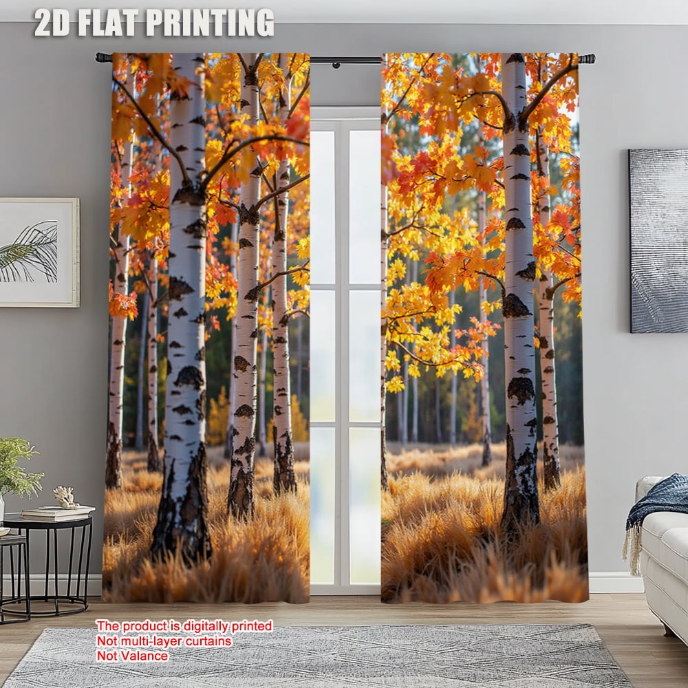 2pcs spring Curtains Birch Trees Autumn Leaves Sheer Curtains Polyester ...