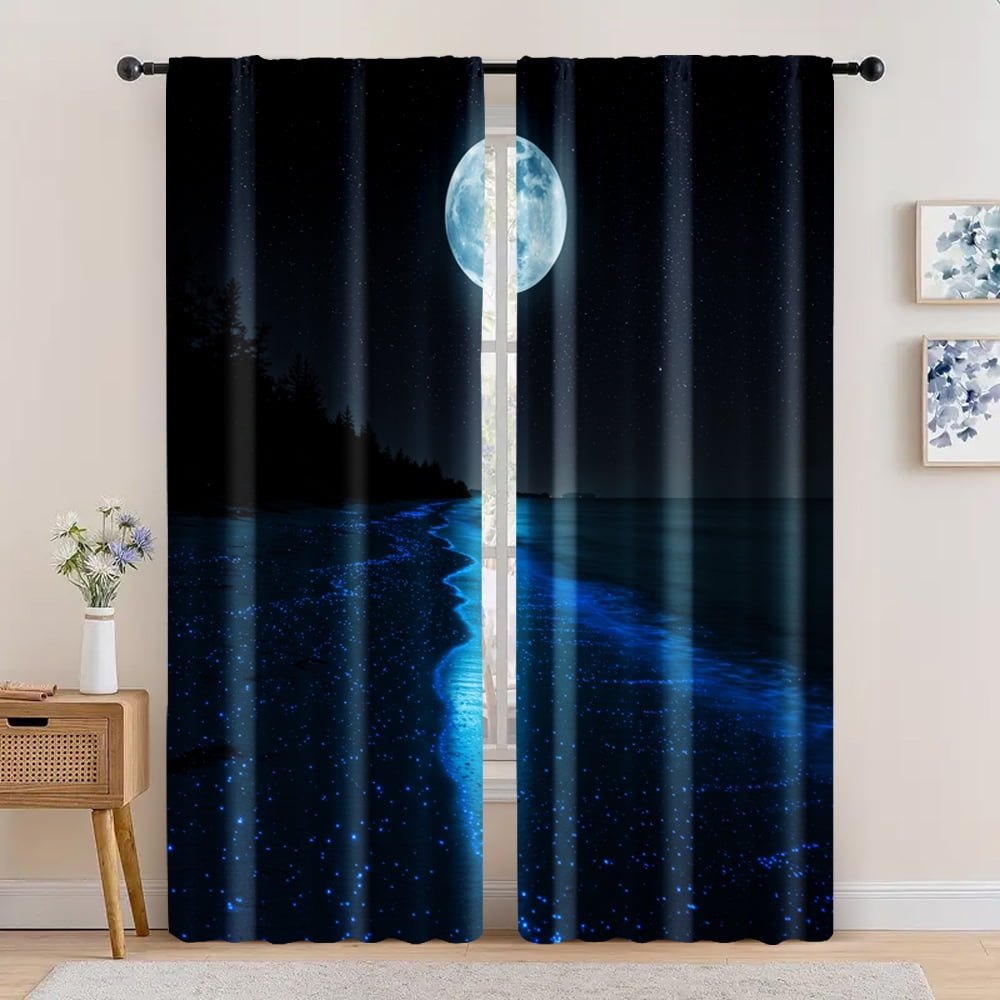 2pcs spring Curtains Enchanting scene at night moonlit sky Light ...