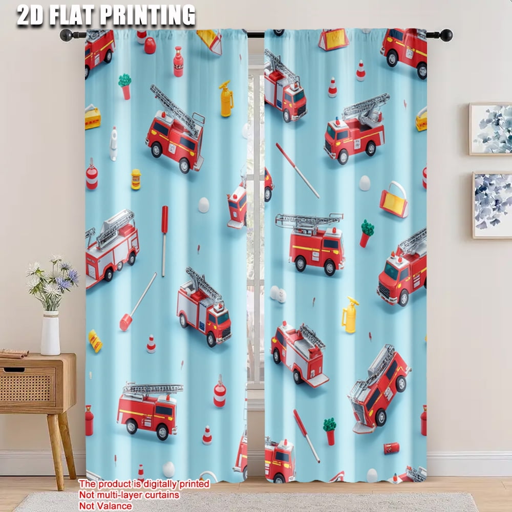 2pcs spring Curtains Firetrucks Emergency Service Thematic Sheer ...