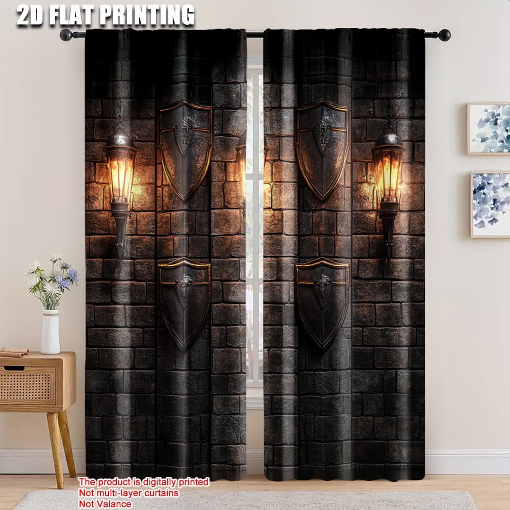 2pcs spring Curtains Medieval Shields Wall Lit Lanterns Sheer Curtains ...