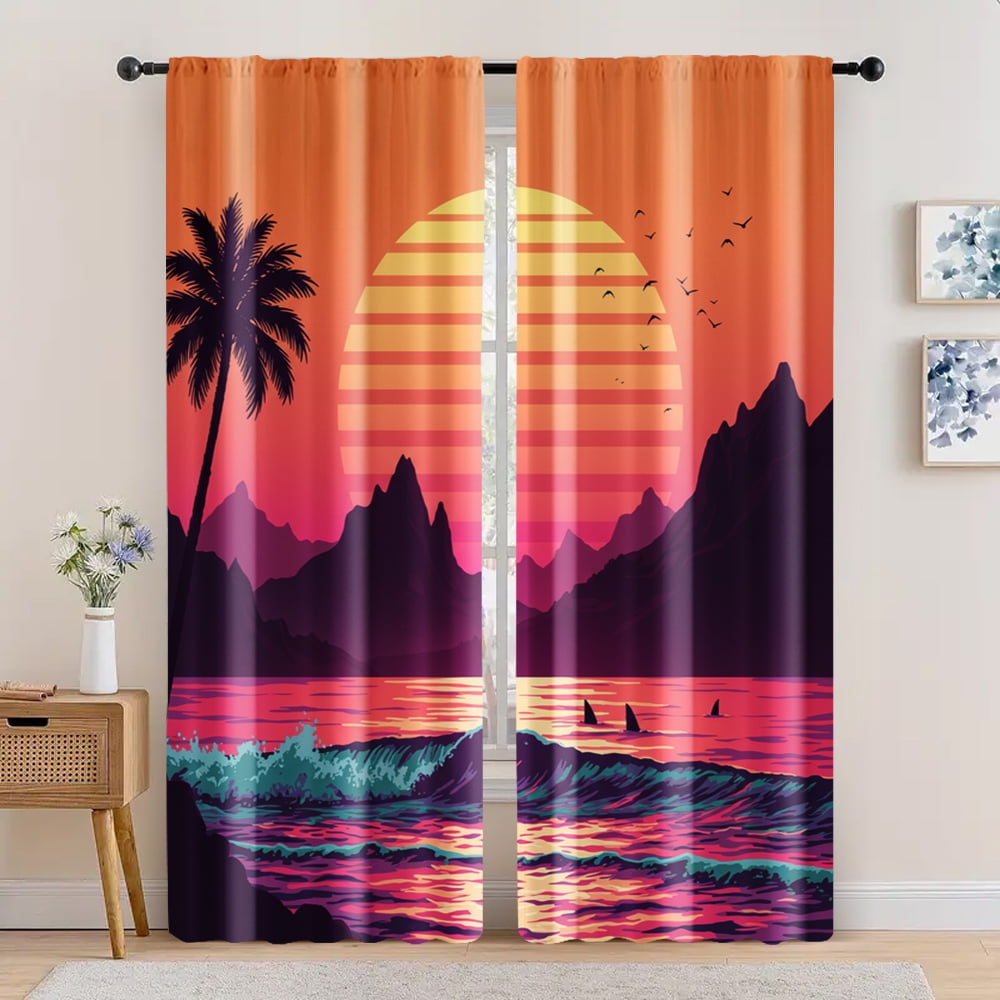 2pcs spring Curtains Mountain Sunset Prints Light Filtering Curtains ...