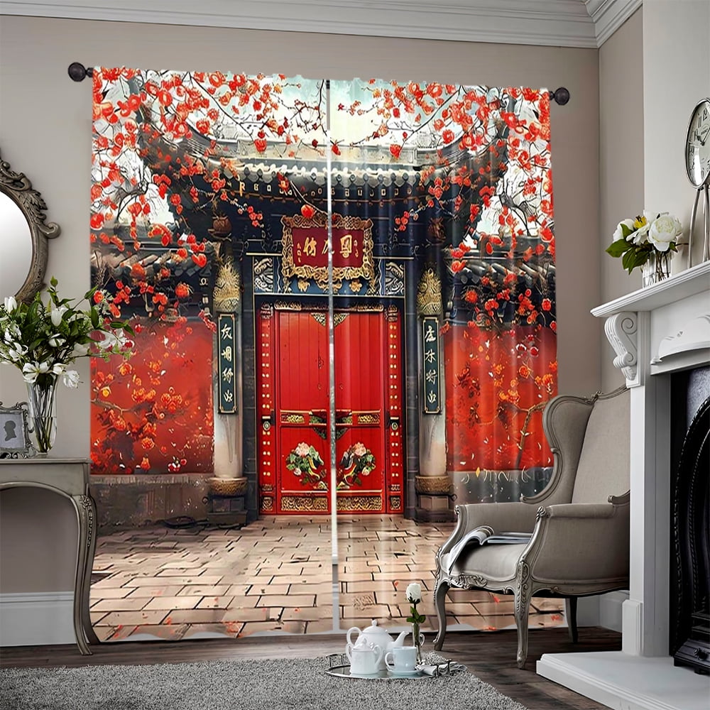 2pcs spring Curtains Red door ancient building classical architecture ...
