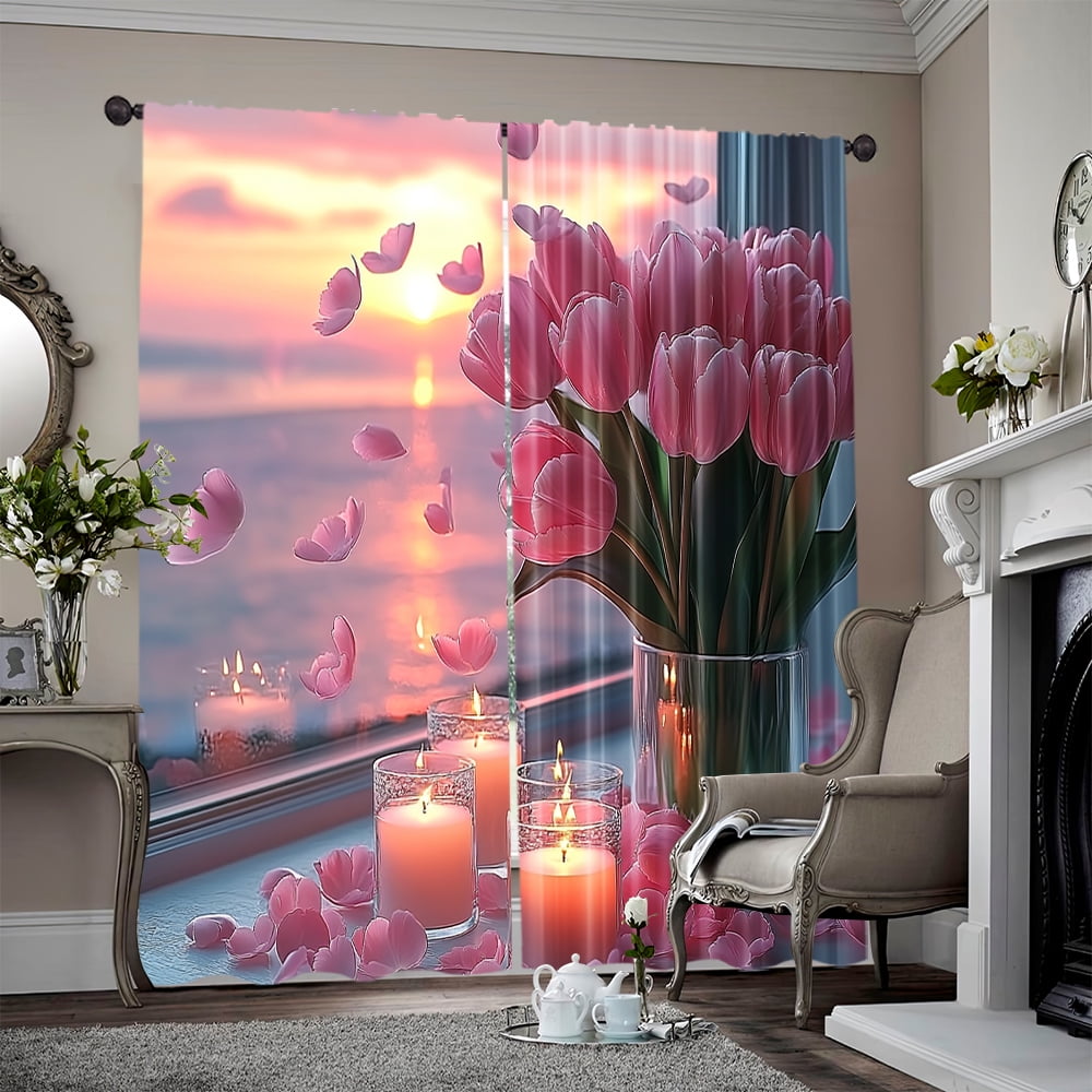 2pcs spring Curtains Romantic Tulip Sunset Print Sheer Curtains ...