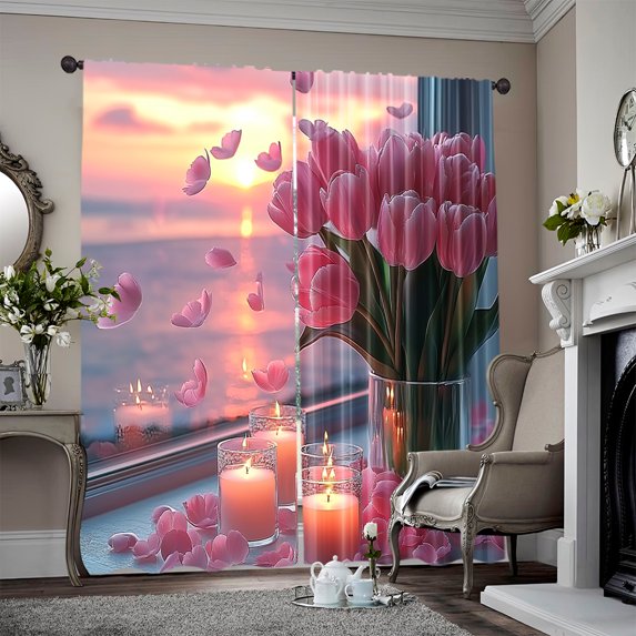 2pcs spring Curtains Romantic Tulip Sunset Print Sheer Curtains ...