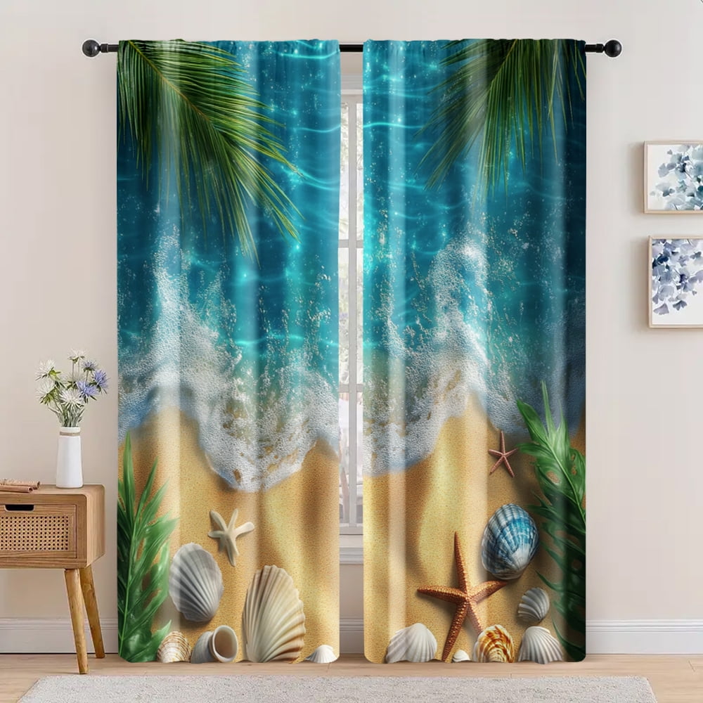 2pcs spring Curtains Shows a tranquil scene with shells_ star_ conch ...
