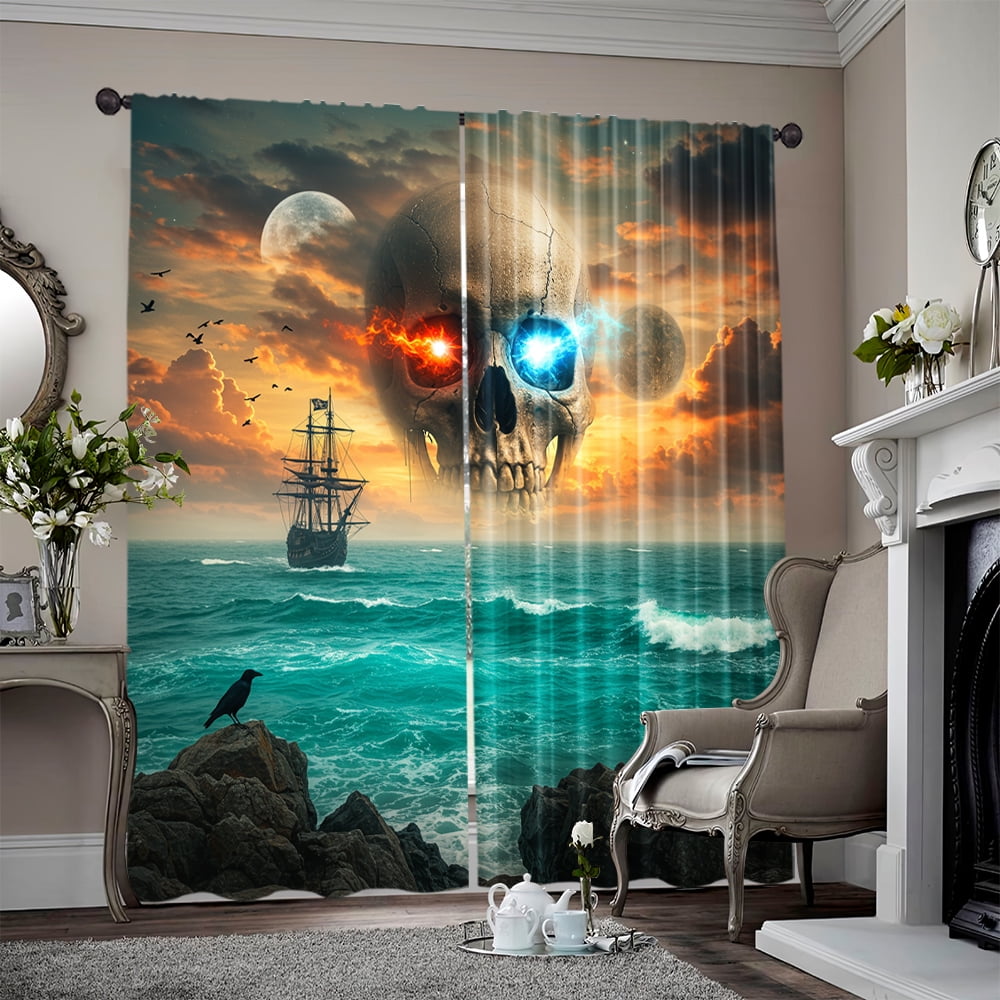 2pcs spring Curtains Strange skeletons floating in stormy seas Sheer ...