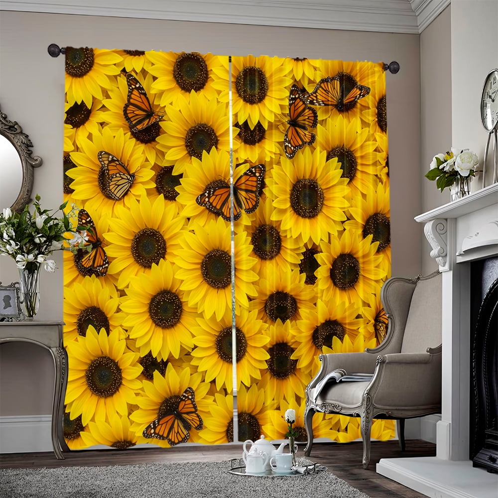 2pcs spring Curtains Sunflower Flower Butterfly Warm Color Light ...