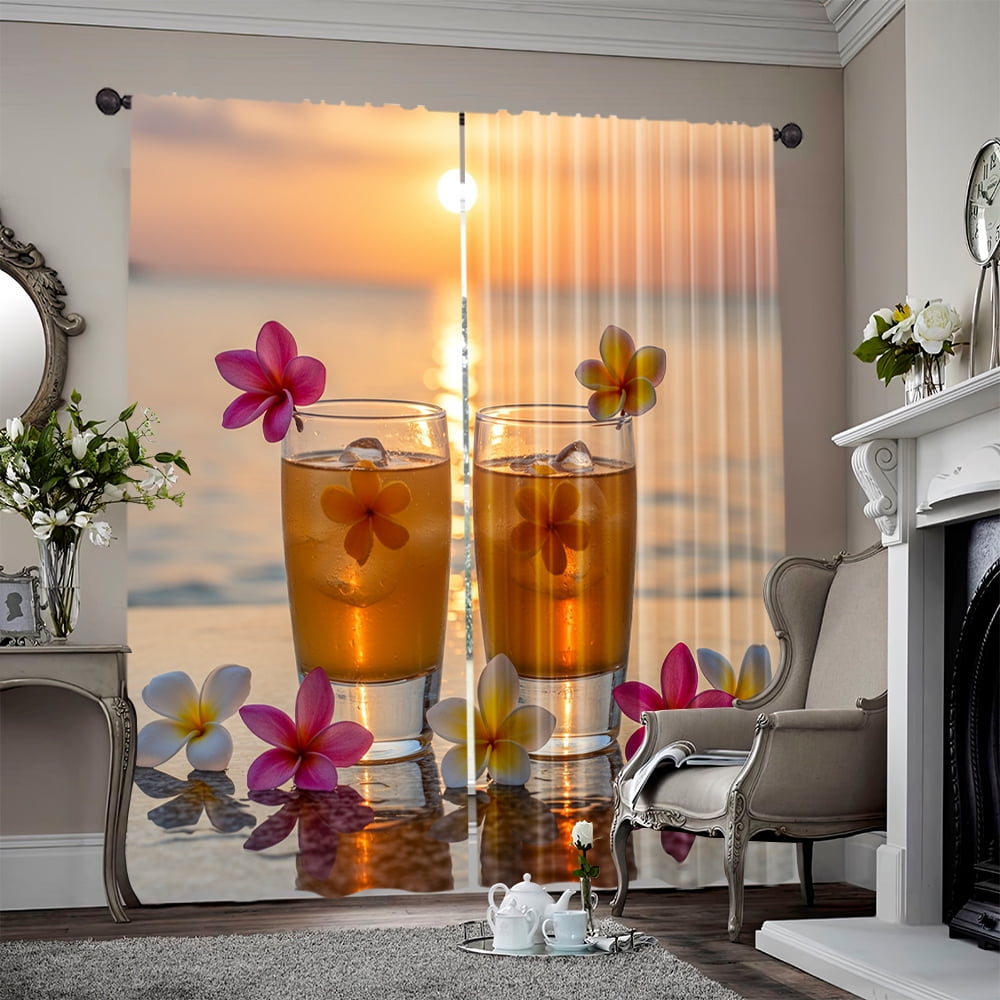 2pcs spring Curtains Sunset and Tropical Flowers Light Filtering Sheer ...