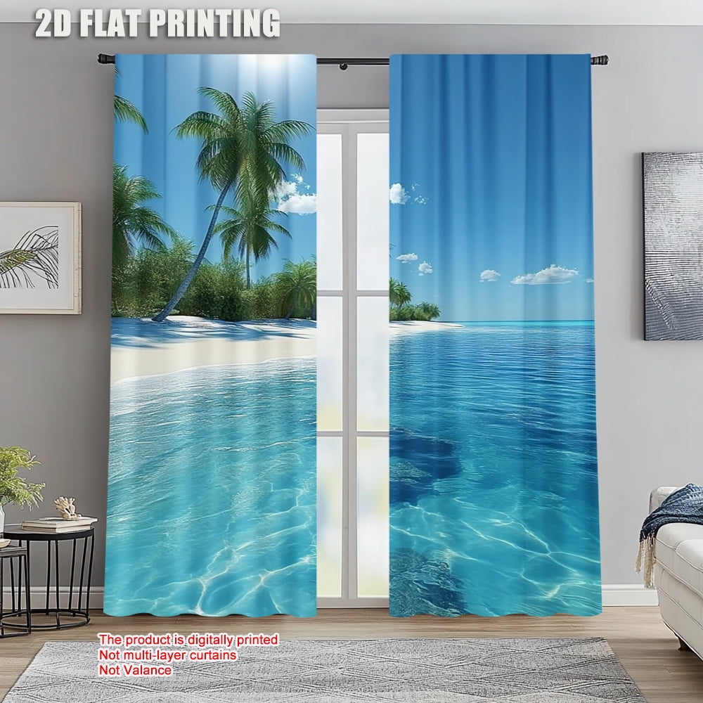 2pcs spring Curtains Tropical Beach Palm Trees Art Digital Print Drapes ...