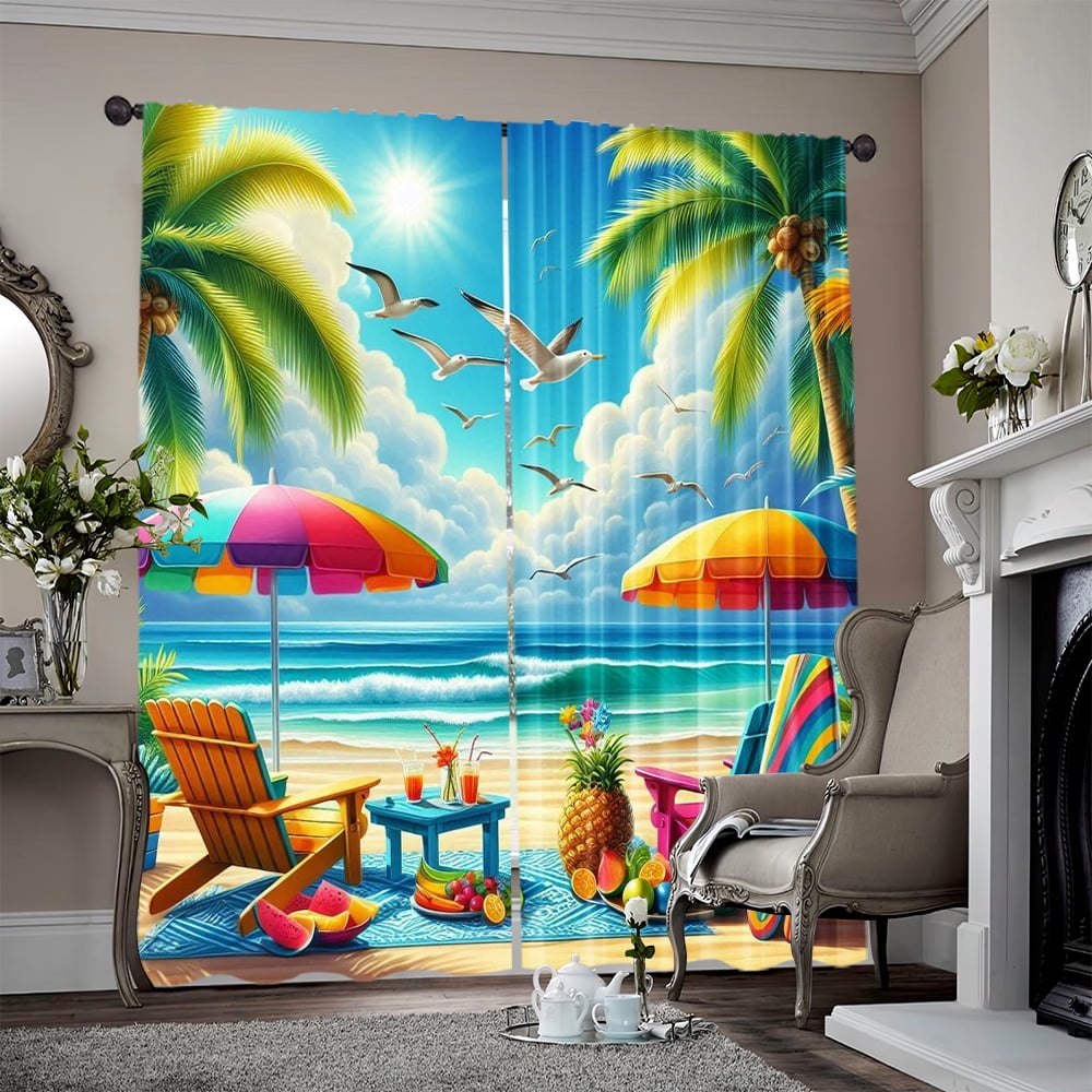 2pcs spring Curtains Tropical Beach Surfboard Semi-Sheer Curtains ...