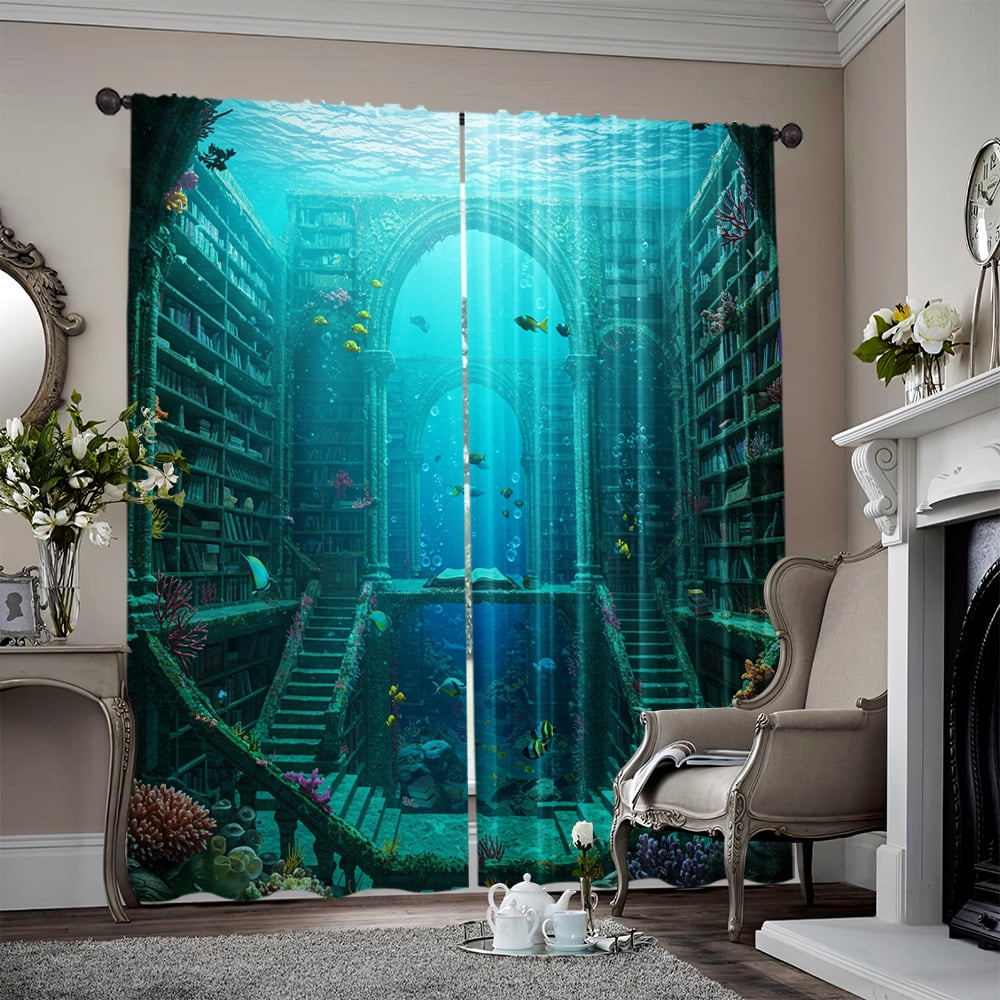 2pcs spring Curtains Underwater library Gothic architecture with coral ...