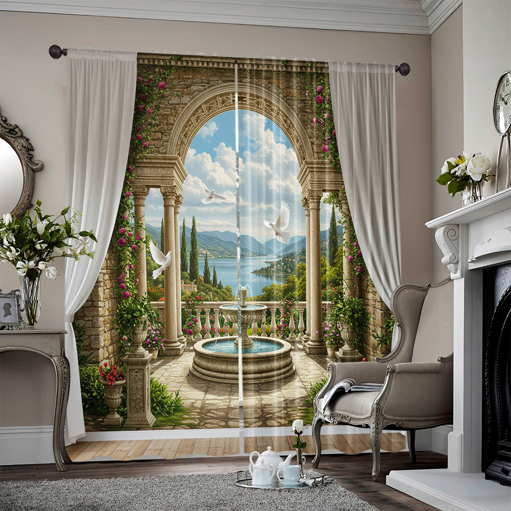 2pcs spring Curtains White dove flowing S st fountain Light Filtering ...