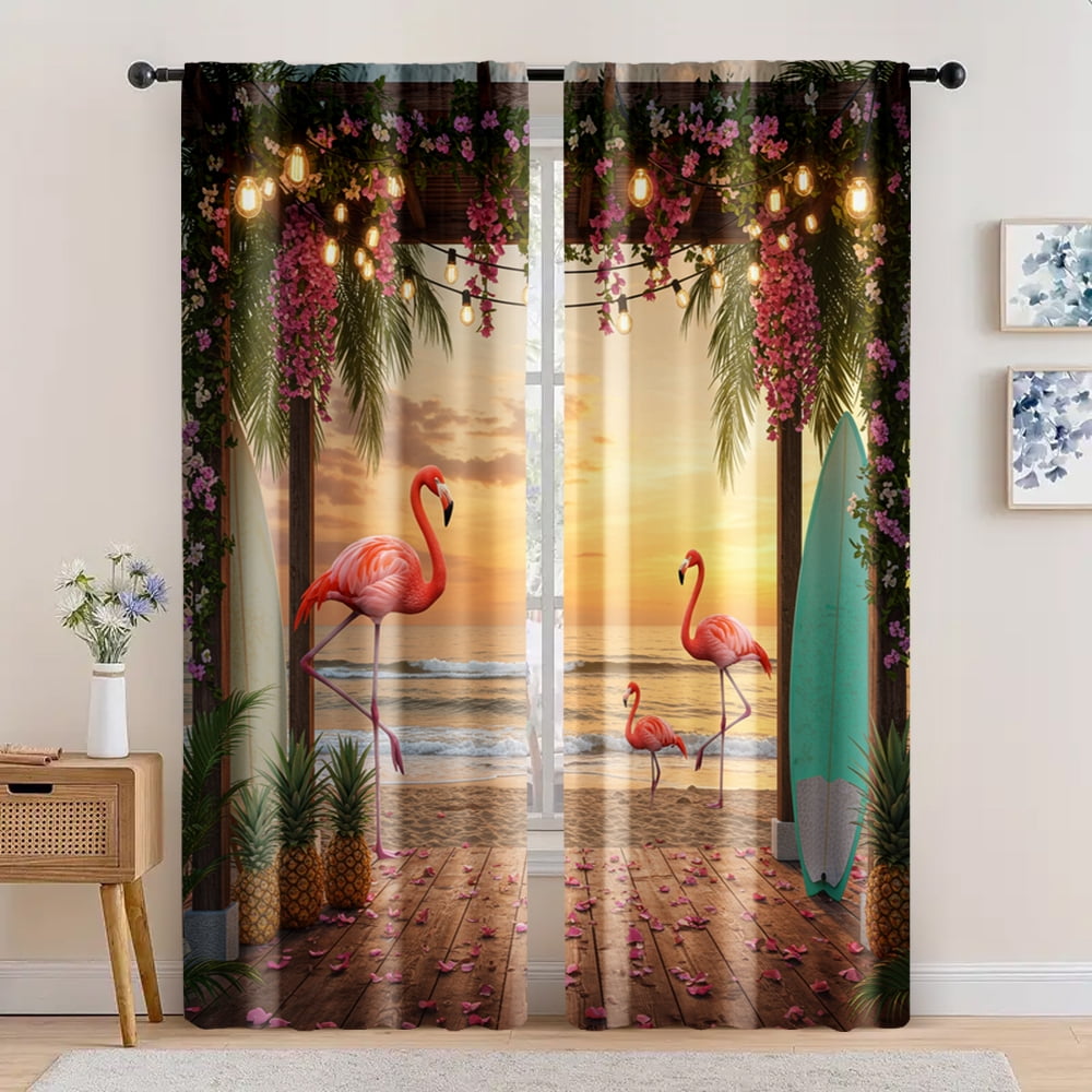 2pcs spring Curtains flamingos Light Filtering Sheer Curtains Fabric ...