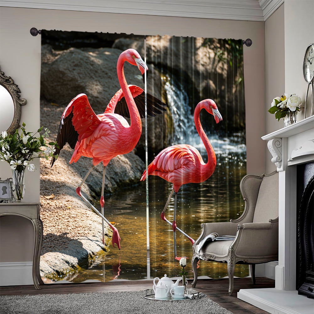 2pcs spring Curtains flamingos Semi-Sheer Curtains Polyester All ...