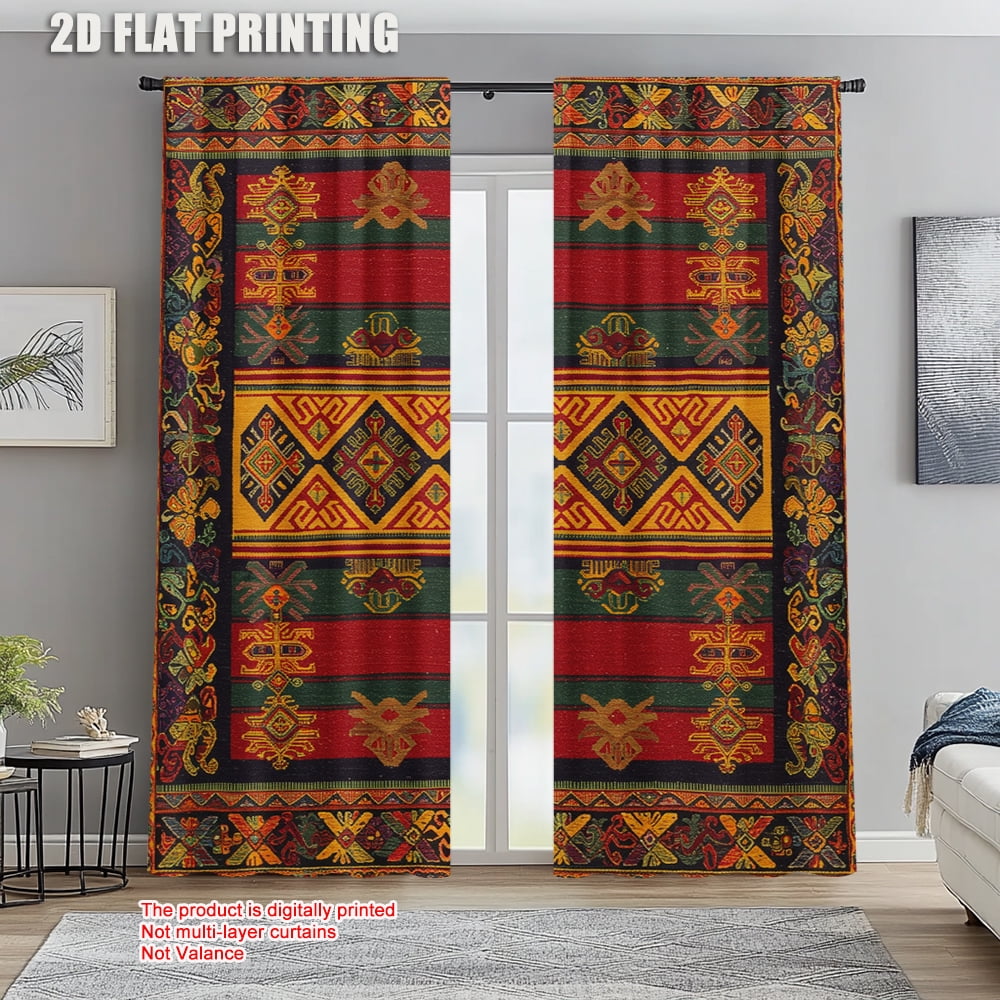 2pcs spring Curtains red-green-yellow stripe Semi-Sheer Curtains ...